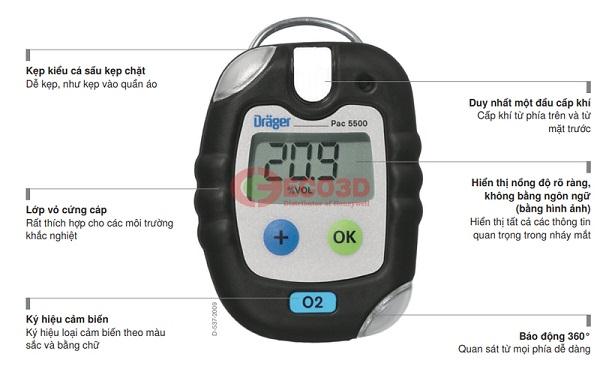 Máy đo đơn khí Dräger Pac® 5500 phát hiện khí CO, H2S hoặc O2